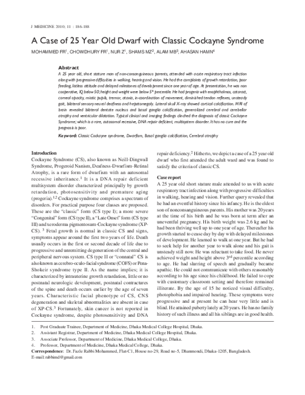 (PDF) A Case of 25 Year Old Dwarf with Classic Cockayne Syndrome