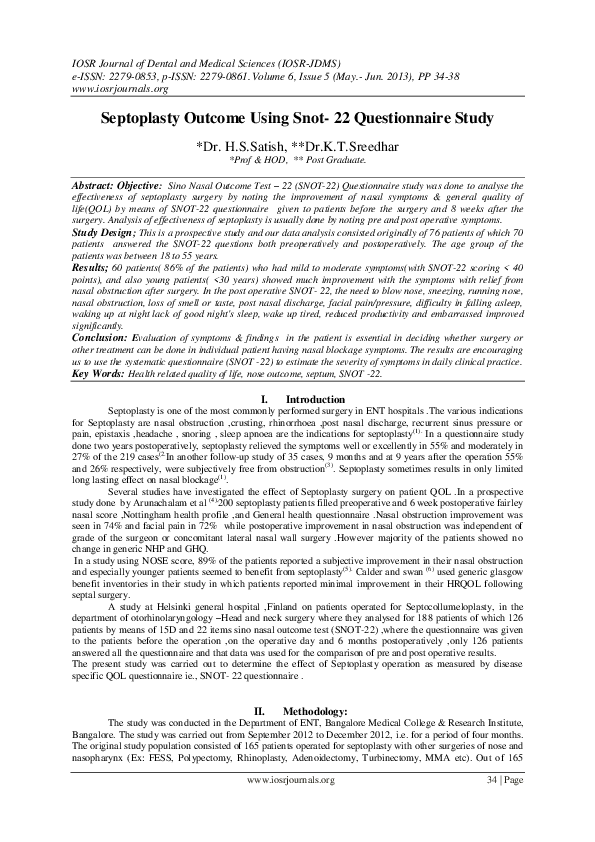 (PDF) Septoplasty Outcome Using Snot-22 Questionnaire Study
