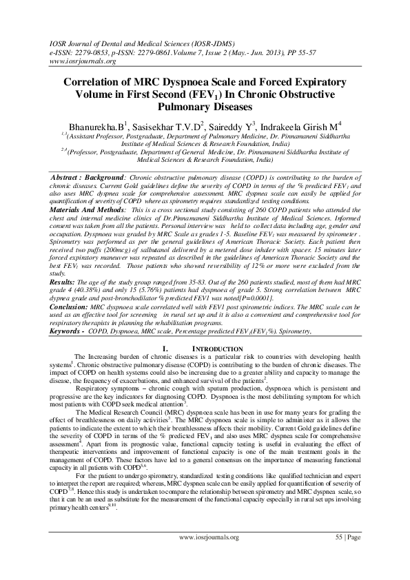 (PDF) Correlation of MRC Dyspnoea Scale and Forced Expiratory Volume in ...