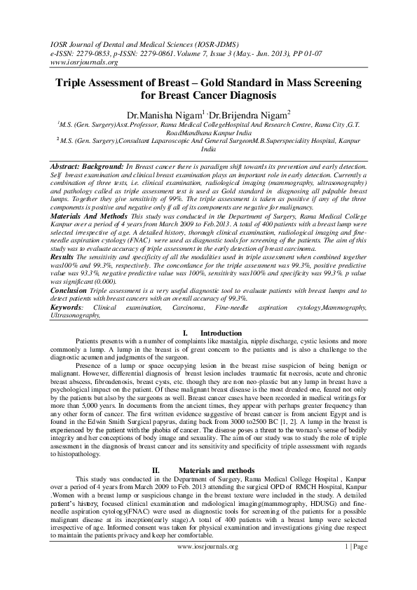 (PDF) Triple Assessment of Breast – Gold Standard in Mass Screening for ...