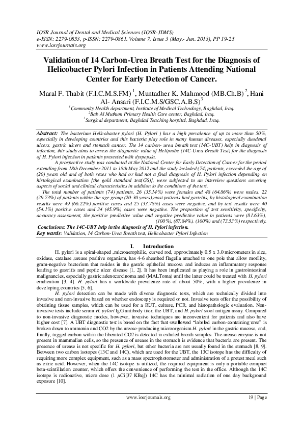 (PDF) Validation of 14 Carbon-Urea Breath Test for the Diagnosis of ...