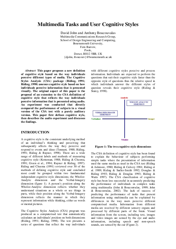 (PDF) Multimedia Tasks and User Cognitive Styles