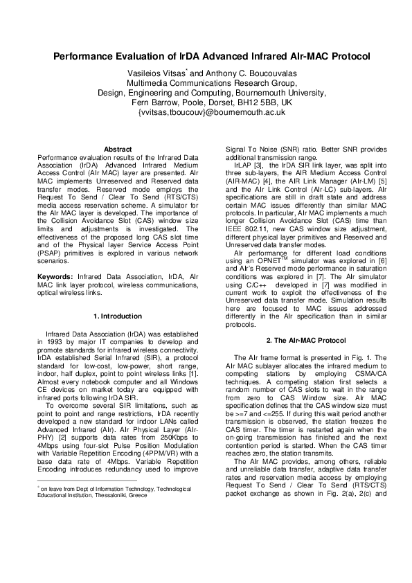 (PDF) Performance Evaluation of IrDA Advanced Infrared AIr-MAC Protocol