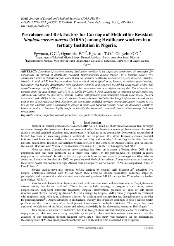 (PDF) Prevalence and Risk Factors for Carriage of Methicillin-Resistant Staphylococcus aureus ...