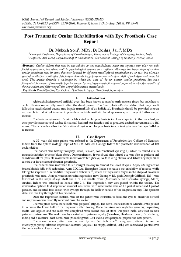(PDF) Post Traumatic Ocular Rehabilitation with Eye Prosthesis Case Report