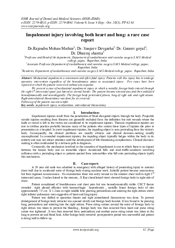(PDF) Impalement injury involving both heart and lung: a rare case report