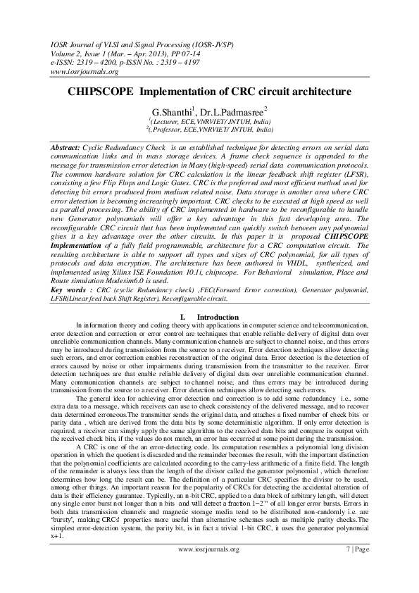 Pdf Reconfigurable Crc Circuit Architecture Using Chipscope