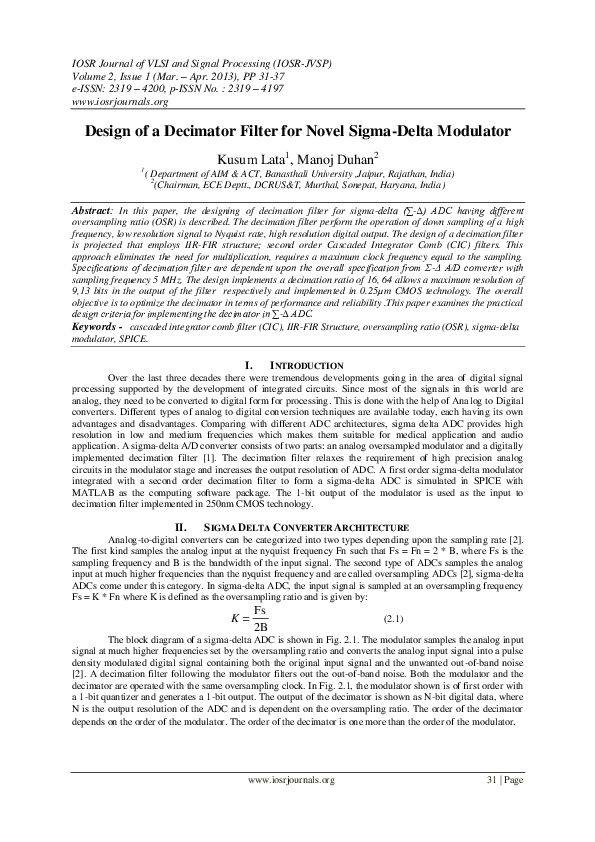 (PDF) Design of a Decimator Filter for Novel Sigma-Delta Modulator
