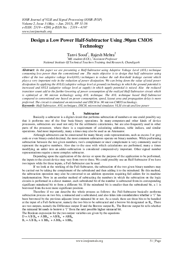 Pdf Design A Low Power Half Subtractor Using 90µm Cmos Technology