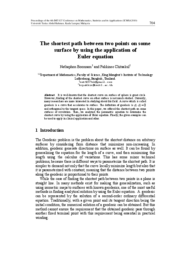 Pdf The Shortest Path Between Two Points On Some Surface By Using The Application Of Euler