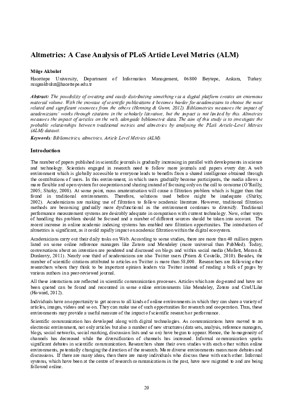 (PDF) Altmetrics: A Case Analysis of PLoS Article Level Metric (ALM)