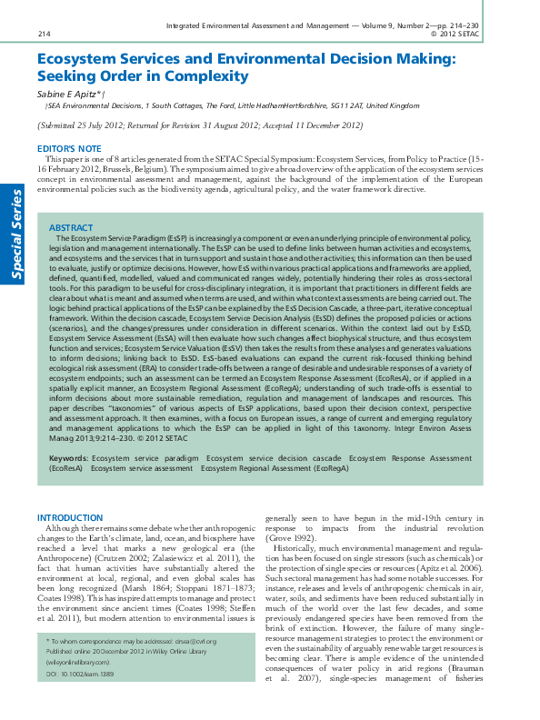(PDF) Ecosystem Services and Environmental Decision Making: Seeking ...