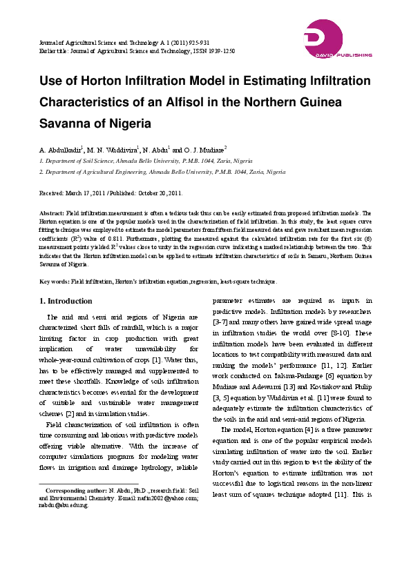 (PDF) Use of Horton Infiltration Model in Estimating Infiltration ...