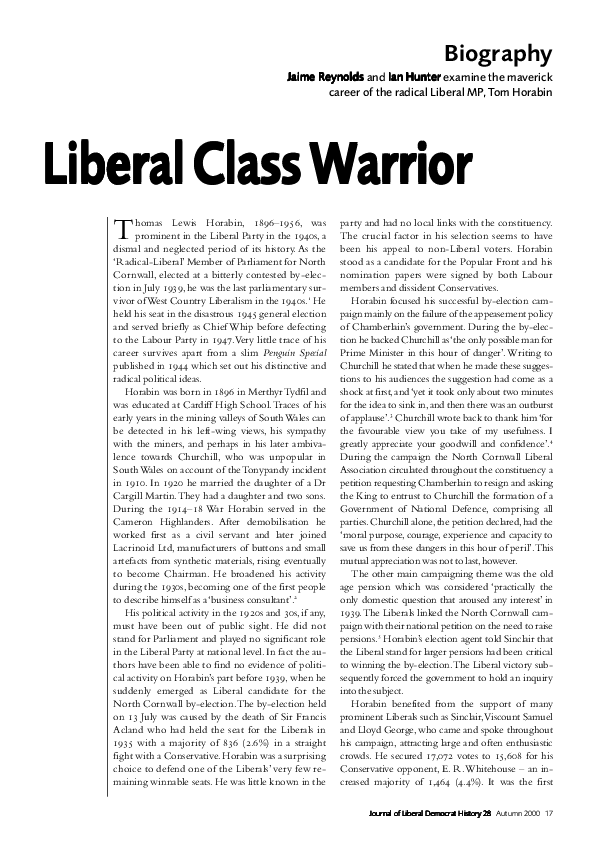 (PDF) Liberal Class Warrior - the maverick career of radical Liberal MP, Tom Horabin