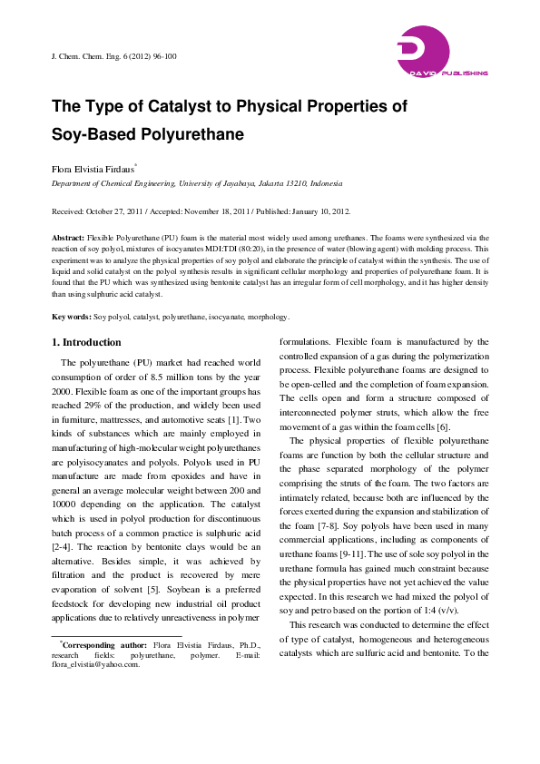 The Type of Catalyst to Physical Properties of Soy-Based Polyurethane