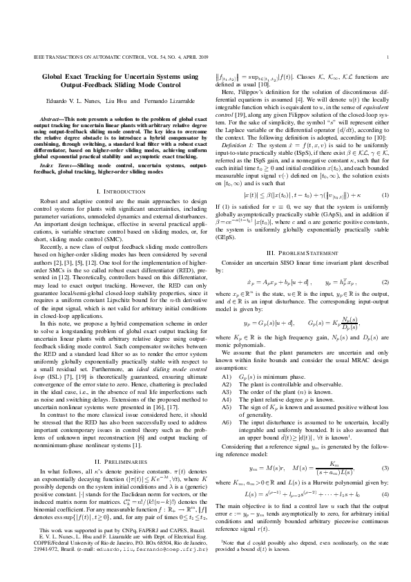 Pdf Global Exact Tracking For Uncertain Systems Using Output Feedback Sliding Mode Control