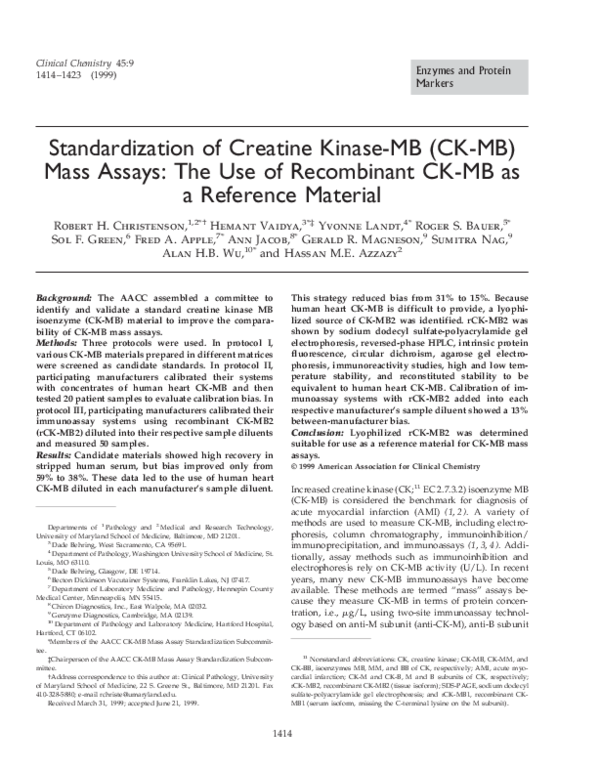 (PDF) Standardization of Creatine Kinase-MB (CK-MB) Mass Assays: The ...
