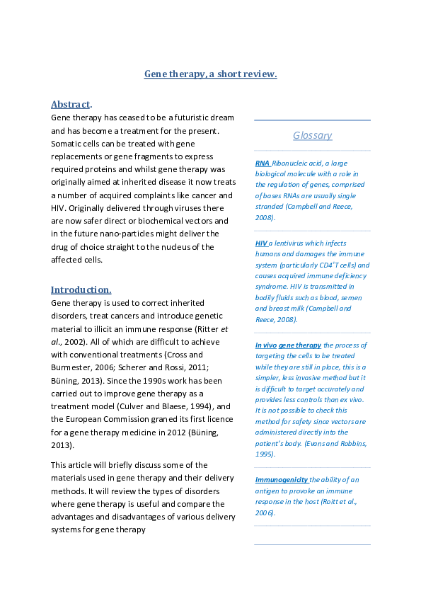 (PDF) Gene therapy, a short review