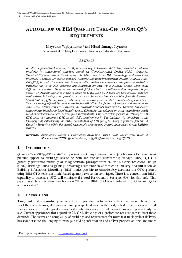 (PDF) AUTOMATION OF BIM QUANTITY TAKE-OFF TO SUIT QS'S REQUIREMENTS