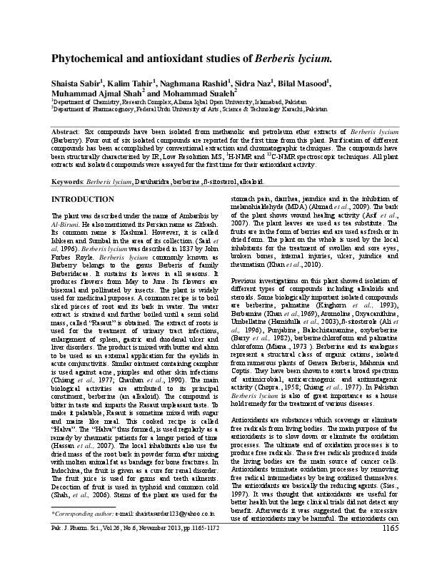 (PDF) Phytochemical and antioxidant studies of Berberis lycium