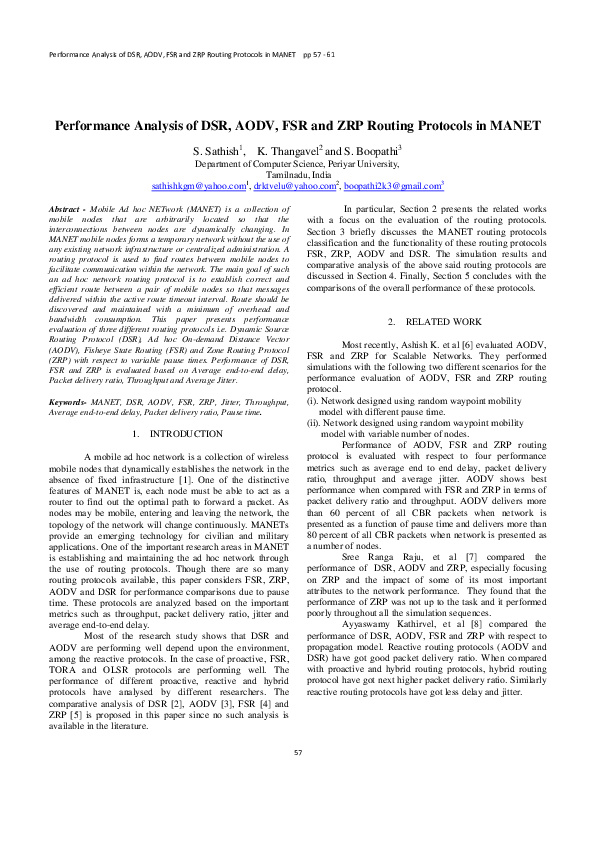 Pdf Performance Analysis Of Dsr Aodv Fsr And Zrp Routing Protocols In Manet Pp 57 61 57