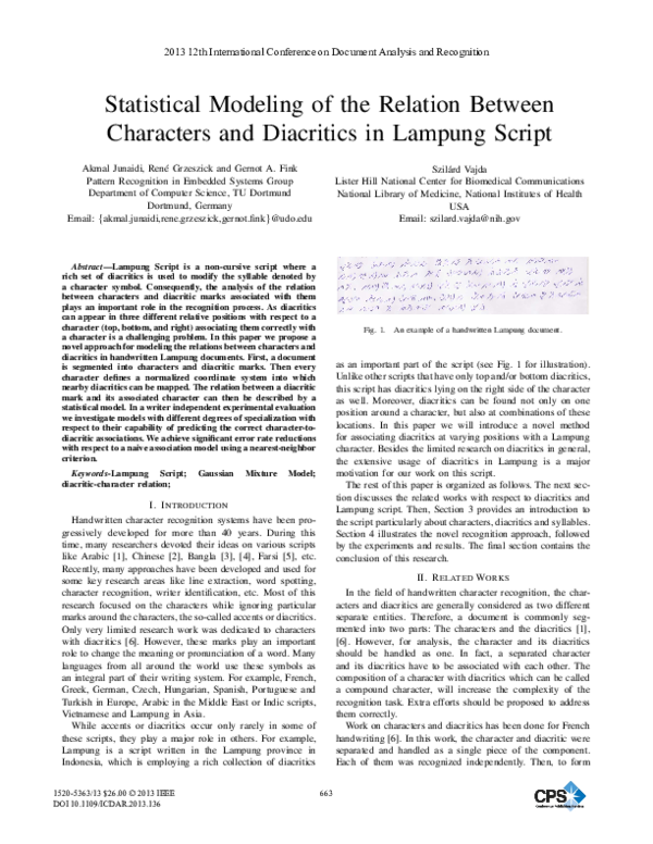 Pdf Statistical Modeling Of The Relation Between Characters And Diacritics In Lampung Script