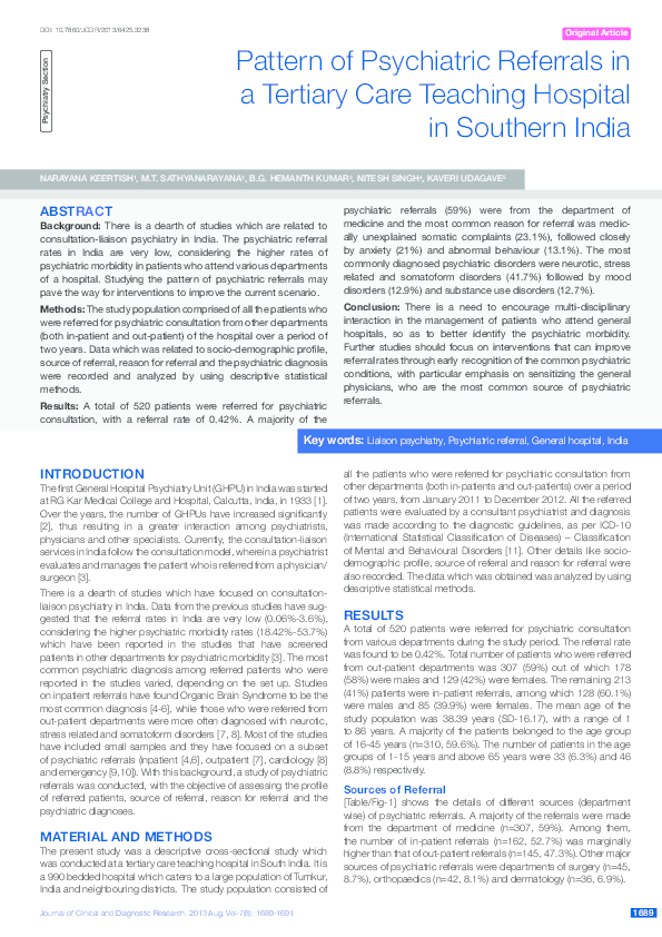 (PDF) Pattern of psychiatric referrals in a tertiary care teaching ...