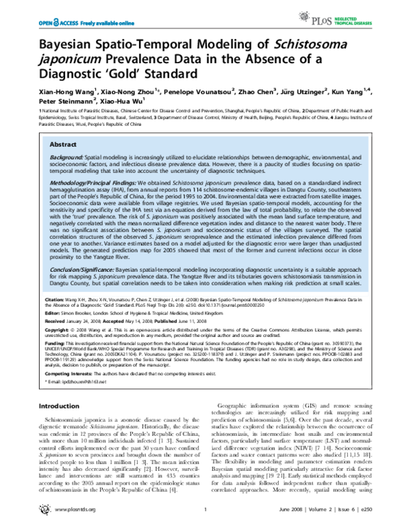 Pdf Bayesian Spatio Temporal Modeling Of Schistosoma Japonicum Prevalence Data In The Absence