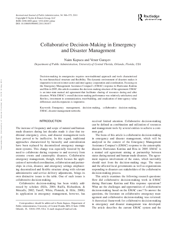 (PDF) Collaborative Decision-Making in Emergency and Disaster Management