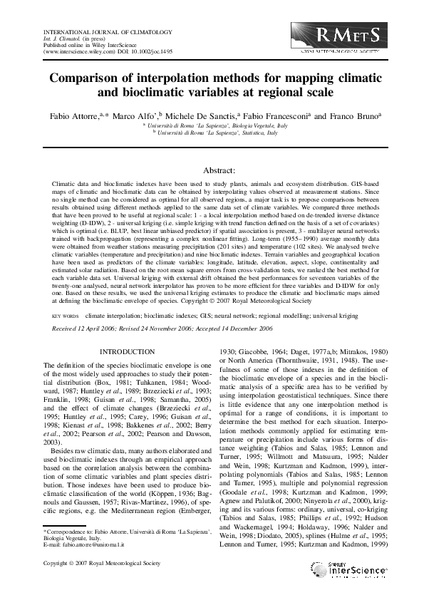 (PDF) Comparison of interpolation methods for mapping climatic and bioclimatic variables at ...