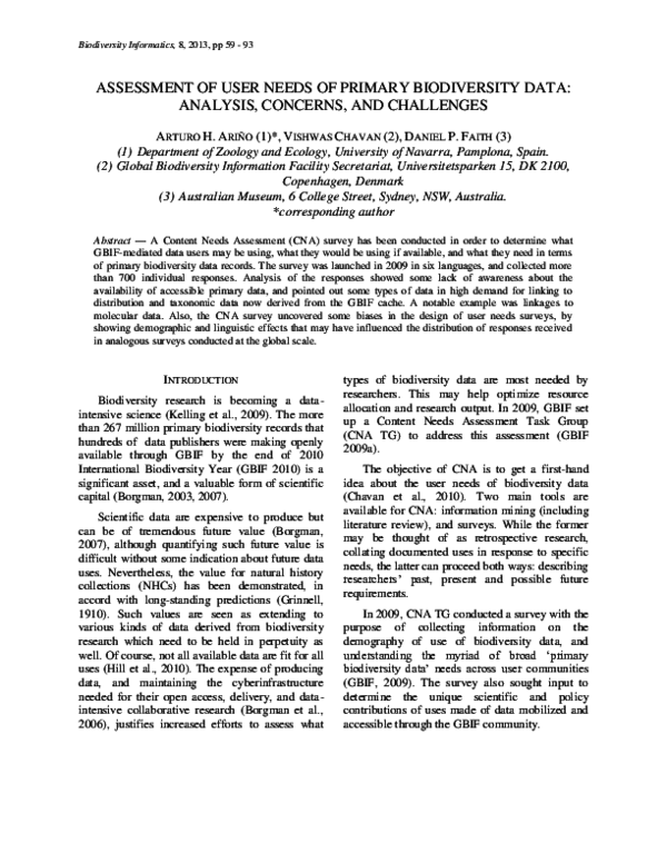 (PDF) ASSESSMENT OF USER NEEDS OF PRIMARY BIODIVERSITY DATA: ANALYSIS, CONCERNS, AND CHALLENGES