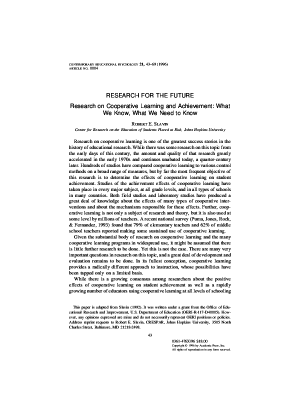 (PDF) RESEARCH FOR THE FUTURE Research on Cooperative Learning and ...