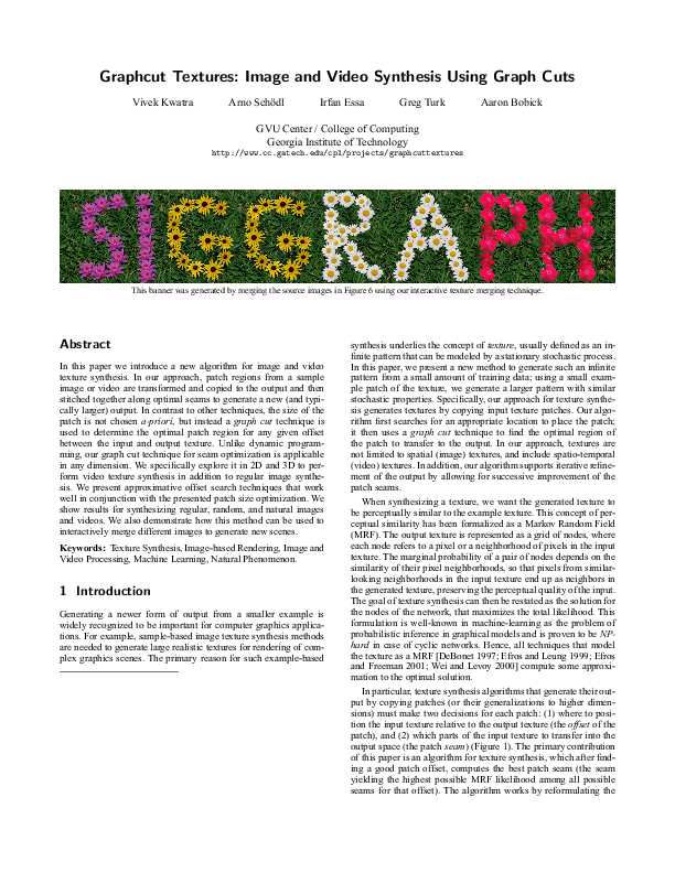 (PDF) Graphcut textures: image and video synthesis using graph cuts