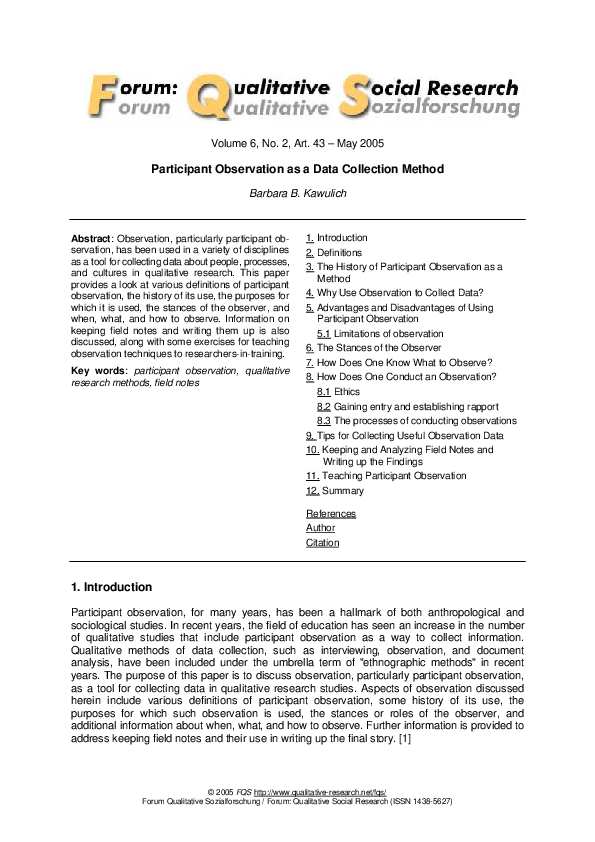 (PDF) Participant Observation as a Data Collection Method