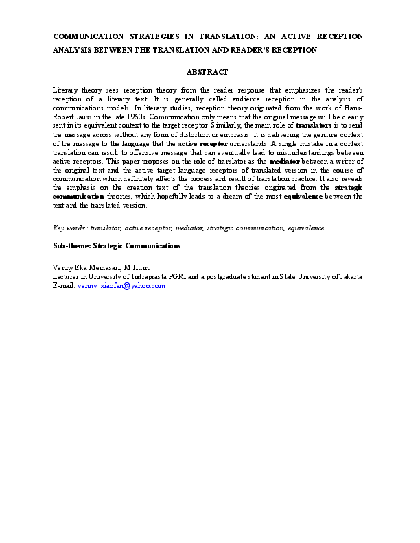 (PDF) COMMUNICATION STRATEGIES IN TRANSLATION AN ACTIVE RECEPTION ...