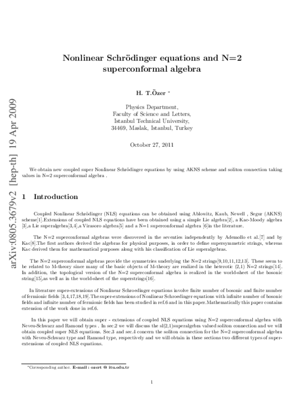 (PDF) Nonlinear Schrodinger Equations and N=2 Superconformal Algebra