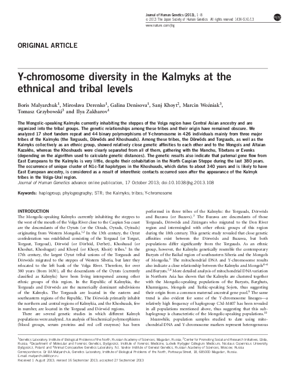 (PDF) Y-chromosome diversity in the Kalmyks at the ethnical and tribal ...