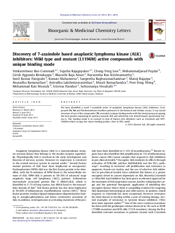 (PDF) Discovery of 7-azaindole based anaplastic lymphoma kinase (ALK ...