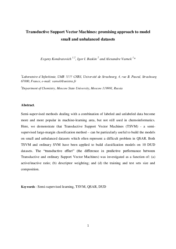 Pdf Transductive Support Vector Machines Promising Approach To Model Small And Unbalanced