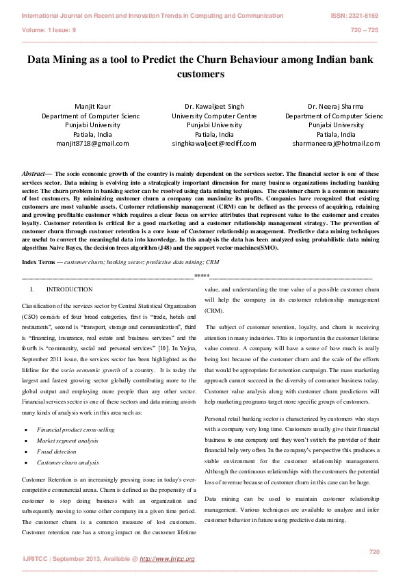 (PDF) Data Mining as a tool to Predict the Churn Behaviour among Indian bank customers