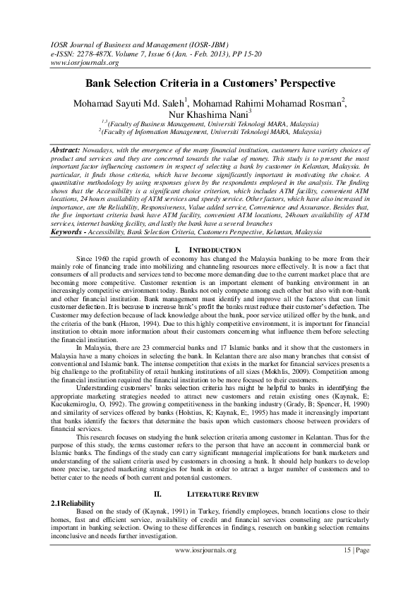 (PDF) Bank Selection Criteria in a Customers' Perspective