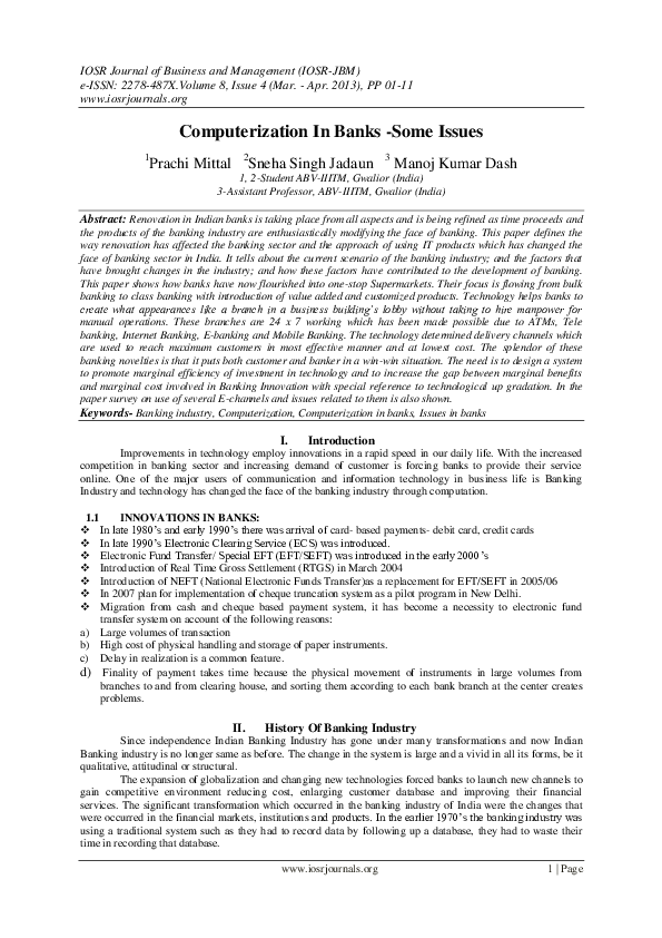 (PDF) Computerization In Banks -Some Issues