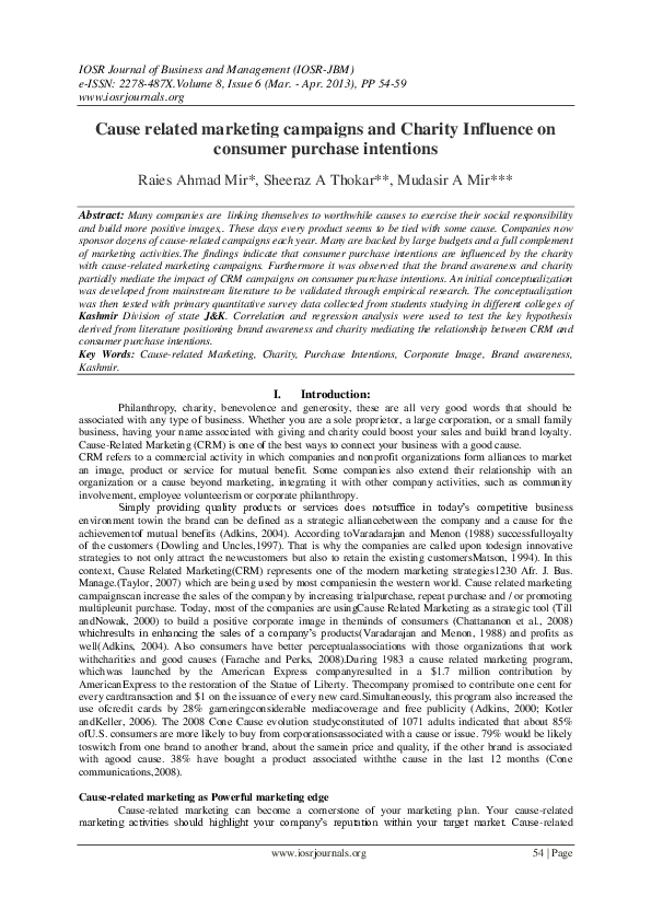 (PDF) Cause related marketing campaigns and Charity Influence on ...
