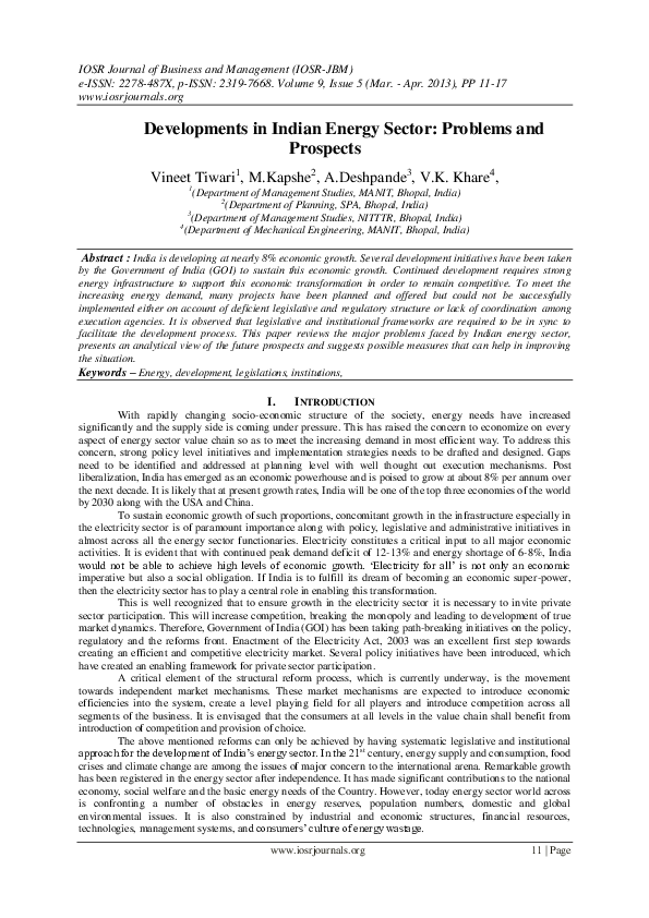 (PDF) Developments in Indian Energy Sector: Problems and Prospects