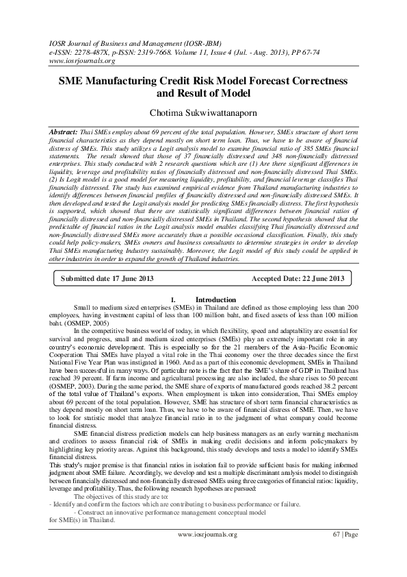 (PDF) SME Manufacturing Credit Risk Model Forecast Correctness and ...