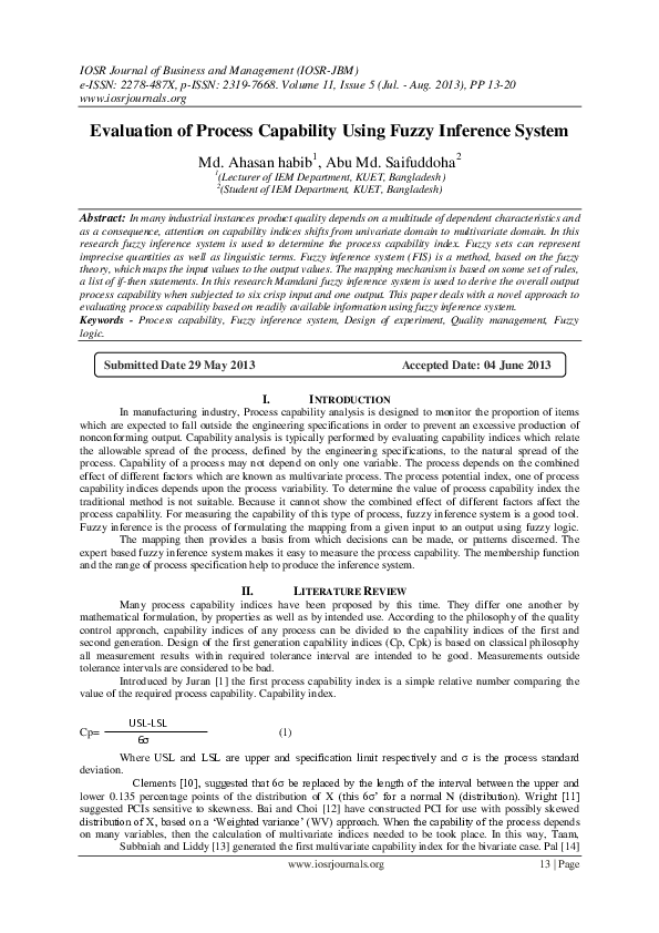 Pdf Evaluation Of Process Capability Using Fuzzy Inference System