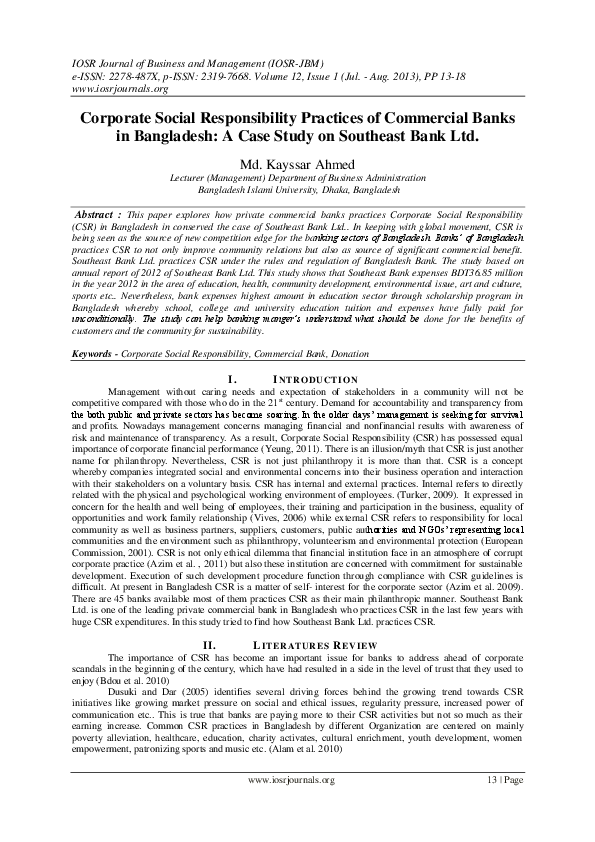 Corporate Social Responsibility Practices of Commercial Banks in Bangladesh: A Case Study on ...