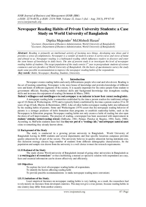 (PDF) Newspaper Reading Habits of Private University Students: a Case ...