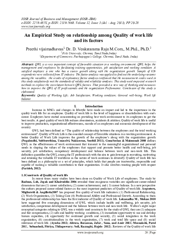 (PDF) An Empirical Study on relationship among Quality of work life and its factors