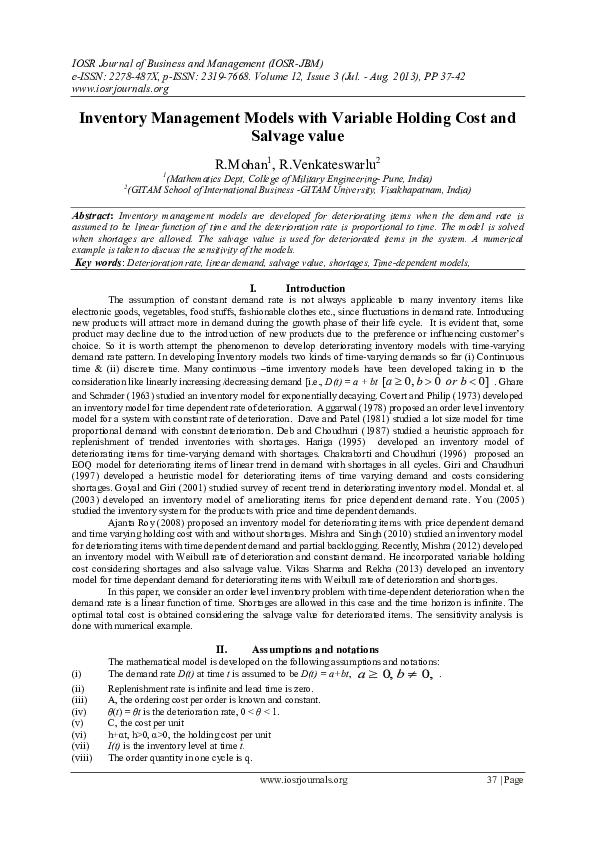 Pdf Inventory Management Models With Variable Holding Cost And Salvage Value